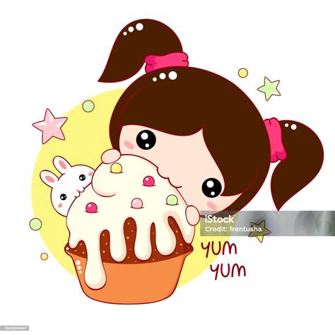 귀여운 소녀와 토끼가 머핀을 먹는다 비문 냠냠 아기 친구 소녀와 토끼는 휘핑 크림으로 컵 케이크를 먹게되어 기쁩니다 거품 내기에 대한 스톡 벡터 아트 및 기타 이미지