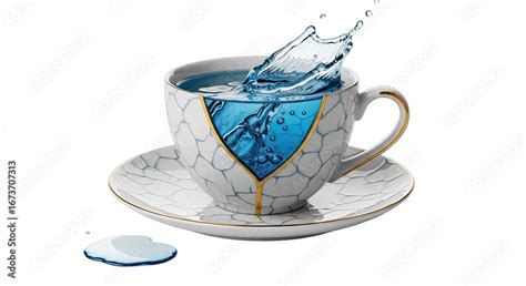 Cracked Teacup Overflowing Teal Resilience Renewal And Hope In A