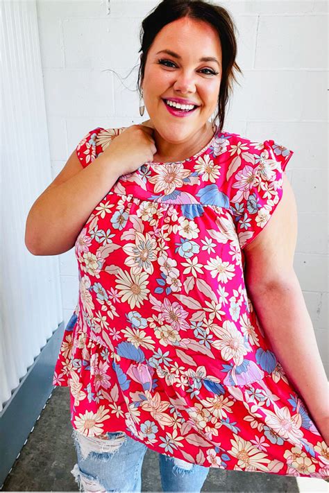 Fuchsia Floral Yoke Flutter Sleeve Back Neck Button Top Open Pack
