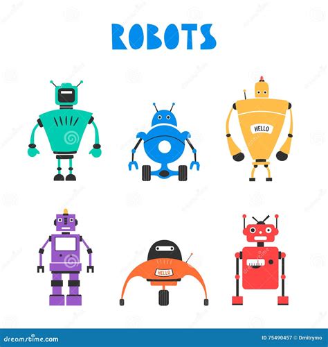 Set Of Robots Vintage Style Stock Vector Illustration Of Humanoid