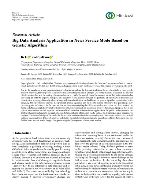 Pdf Big Data Analysis Application In News Service Mode Based On Genetic Algorithm