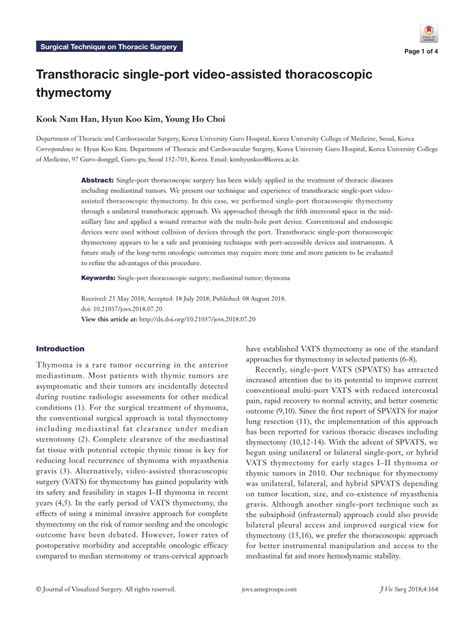 Pdf Transthoracic Single Port Video Assisted Thoracoscopic Thymectomy