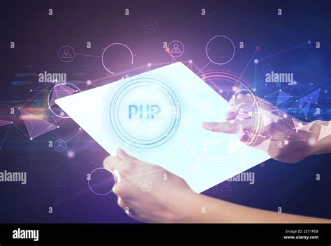 Hand Holdig Futuristic Tablet With Php Inscription Modern Technology