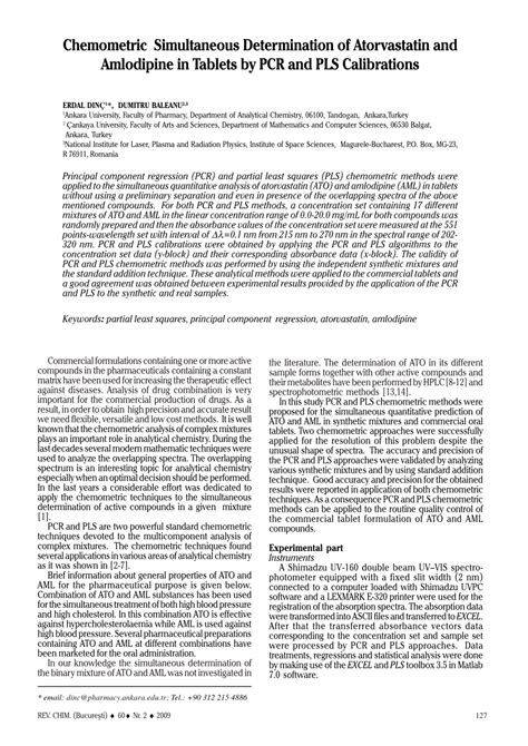 Pdf Chemometric Simultaneous Determination Of Atorvastatin And Amlodipine In Tablets By Pcr