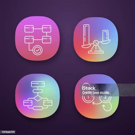 다이어그램 개념 앱 아이콘 설정 활동 비교 흐름 상태 차트 통계 데이터 및 프로세스 시각화 Ui Ux 사용자 인터페이스 웹 또는 모바일 응용 프로그램입니다 벡터 절연