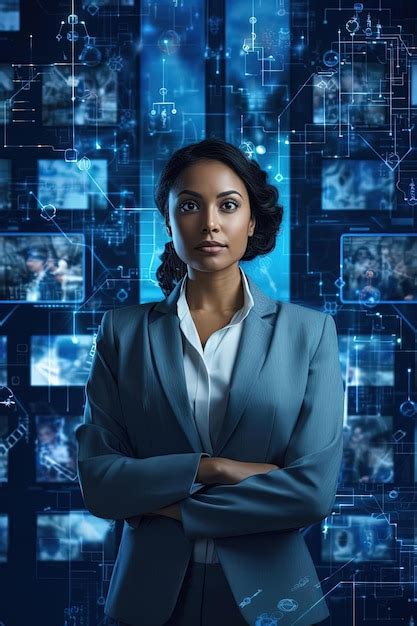 Premium Photo A Woman Is In Front Of A Video Display Screen In The Style Of Complexity Theory