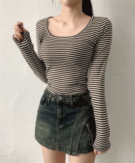 바비블리 [기본템 데일리 ] 스퀘어넥 단가라 스트라이프 긴팔 티셔츠 3color