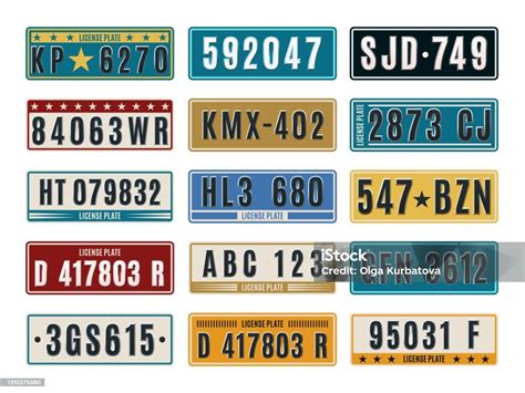 자동차 접시 알루미늄 엠보싱 복고풍 자동차 번호 금속 라이센스 식별 색상 차량 번호 조합 태그 및 프레임 템플릿입니다 자동 등록 서체 벡터 세트 접시에 대한 스톡 벡터 아트