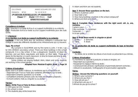 Sujet 1er Devoir Du 1er S Anglais 6Ème 2021 2022 Ceg Zongo By Tehuapdf
