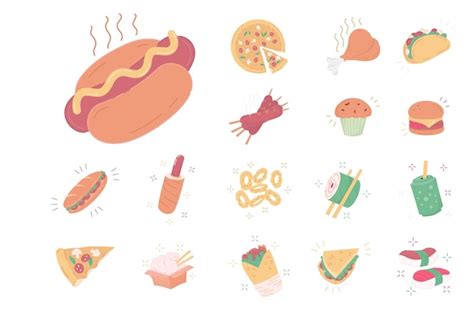 Premium Vector Colorful Fast Food Flat Icons Set Unhealthy Food And