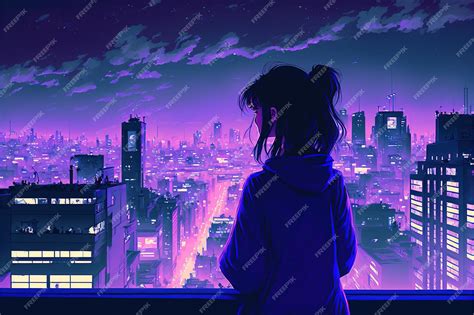 Девушка киберпанк Женский персонаж киберпанка смотрит на ночной город Молодая девушка стоит и