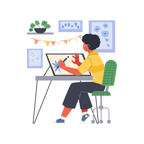 Curly Woman Graphic Designer Character Working On Special Desk Flat