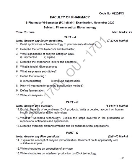 Osmania University B Pharmacy Vi Semester Pci Main Subject