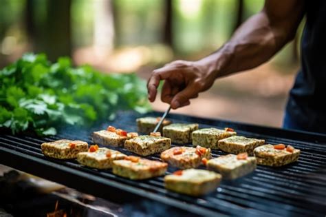 premium photo man flipping tofu burgers on grill
