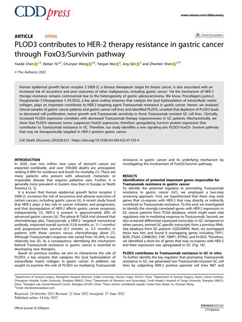Pdf Plod3 Contributes To Her 2 Therapy Resistance In Gastric Cancer