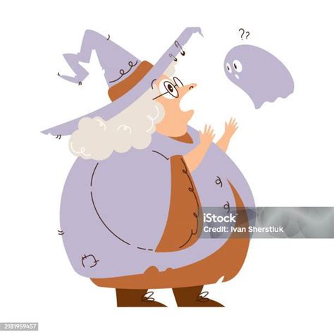 뾰족한 모자를 쓴 늙은 마녀가 귀여운 유령에 깜짝 놀라 유머러스한 할로윈 장면을 전달하는 장난기 넘치는 만화 그림 공휴일에 대한 스톡 벡터 아트 및 기타 이미지 Istock