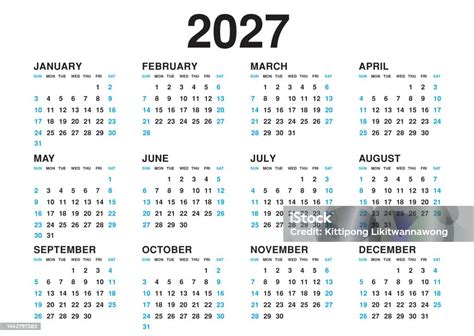달력 2027 템플릿 벡터 간단한 최소 디자인 플래너 2027 년 벽 달력 2027 년 주 시작 일요일 12 달력 세트 광고 인쇄 문구류 파란색 휴일 10월에 대한 스톡