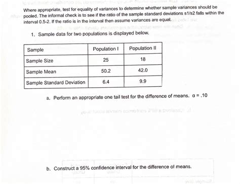 Solved Where Appropriate Test For Equality Of Variances To
