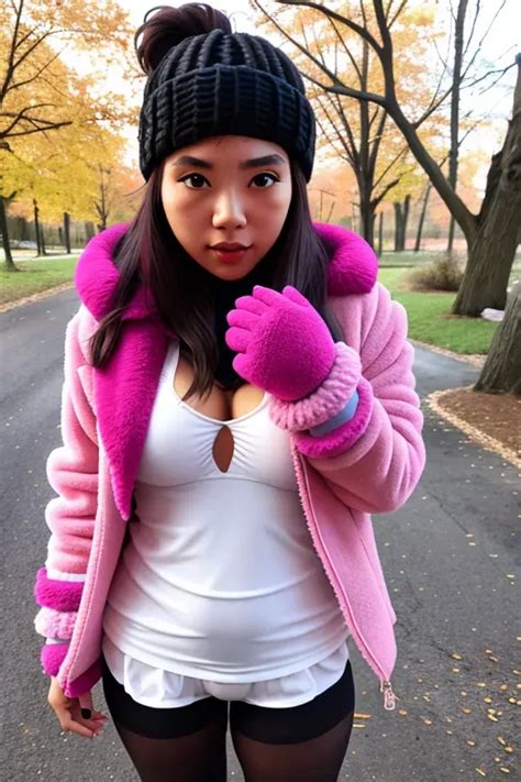 Dopamine Girl A Girl Wearing A Pink Plush Jacket And A Scarf And No
