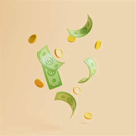 Billetes en dólares con monedas de oro flotando sobre fondo beige el