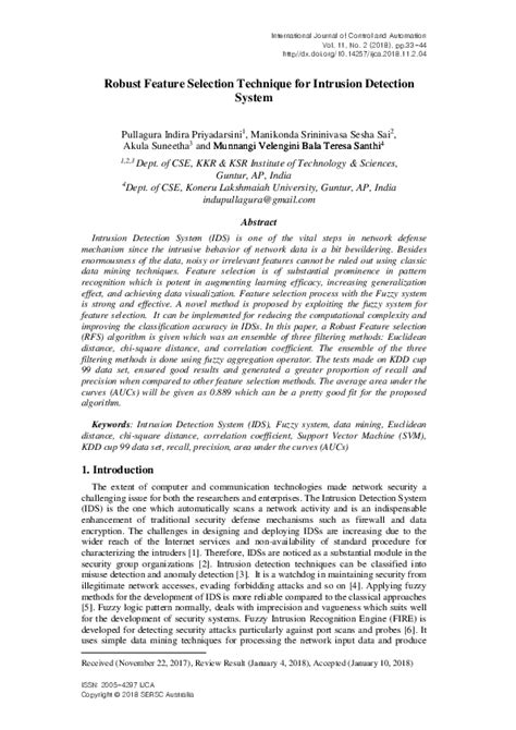 Pdf Robust Feature Selection Technique For Intrusion Detection System Indira Priyadarsini