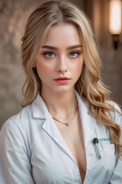 Premium Ai Image The Model Has A Red Lip Color And Has A White Coat