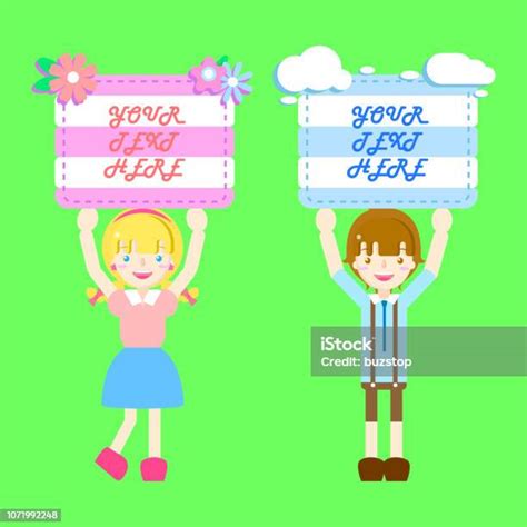 귀여운 소년과 소녀를 잡고 레이블 빈 종이 연설 거품 풍선 생각 이야기 이야기 템플릿 Brand Name Online
