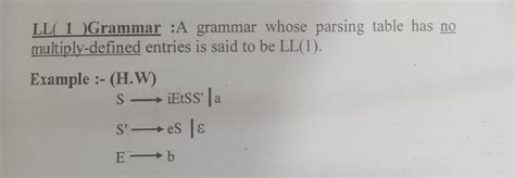 Solved LL 1 Grammar A Grammar Whose Parsing Table Has No Chegg