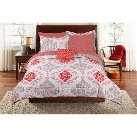 Comforter Set Queen Size Coral Colored 8 Piece Damask Bed In A Bag