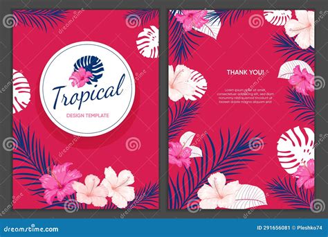 Tropical Design Template Red Pink Hibiscus Flowers With Palm Leaves