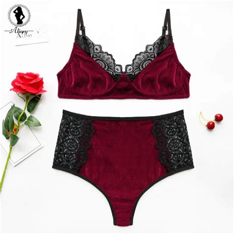 Alinry Sexy Bra Set Lace Women Red Velvet Push Up Brassiere Lingerie