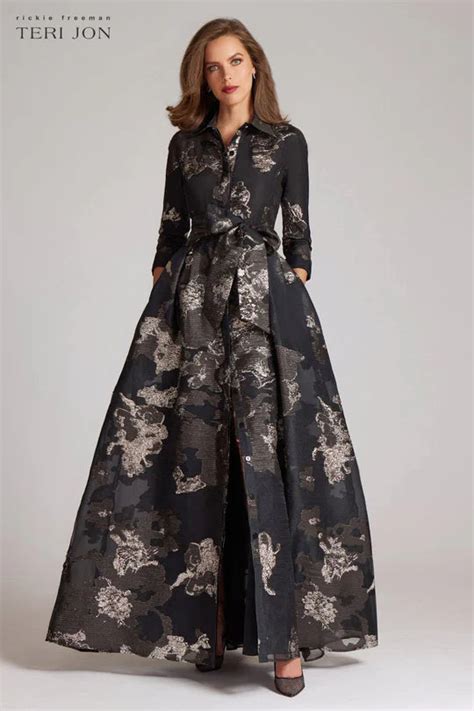Teri Jon Metallic Patterned Jacquard Shirtdress Gown