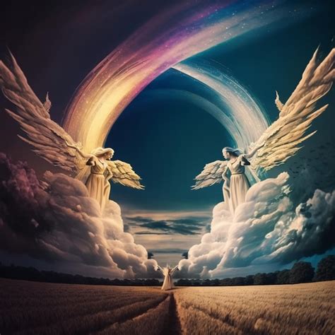 Premium AI Image Painting Of Two Angels In A Field With A Rainbow In