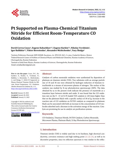 Pdf Pt Supported On Plasma Chemical Titanium Nitride For Efficient Room Temperature Co Oxidation