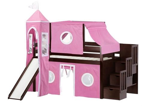 Johannes Solid Wood Twin Low Loft Bed With 3 Drawer Stairway Slide Tent