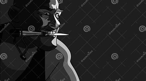 Cartoon Dangerous Man Holding A Knife With His Teeth Stock Vector