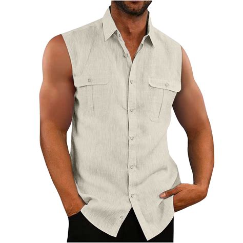 Swiftwear Men Tank Tops Turndown Collar Sleeveless Cotton Linen Double