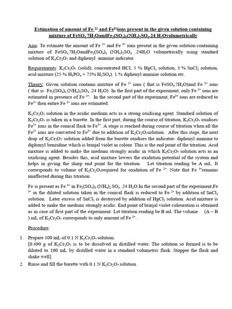Estimation Of Amount Of Fe And Fe Ions Present In The Given Solution