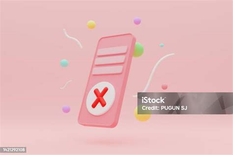 교차 체크 표시와 분홍색 파스텔 배경의 스마트 폰 화면에 알림 최소 3d 렌더링 소셜 네트워크 및 기술 개념 0명에 대한 스톡