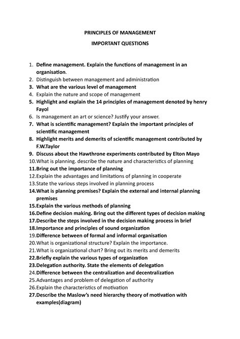 Pom Imp Important Principles Of Management Important Questions Define Management Explain