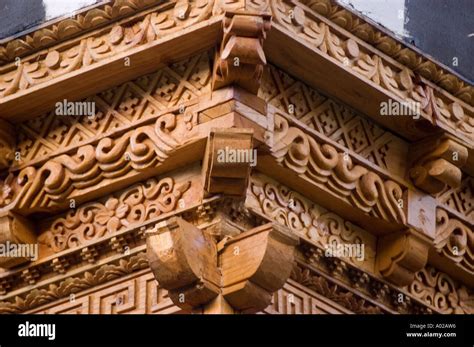 Close Up Detail Of Rich Wood Carved Traditional Ladakhi Window In Local
