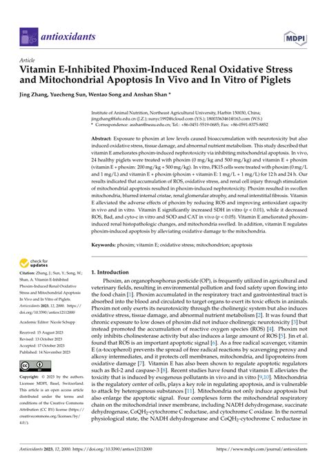 Pdf Vitamin E Inhibited Phoxim Induced Renal Oxidative Stress And