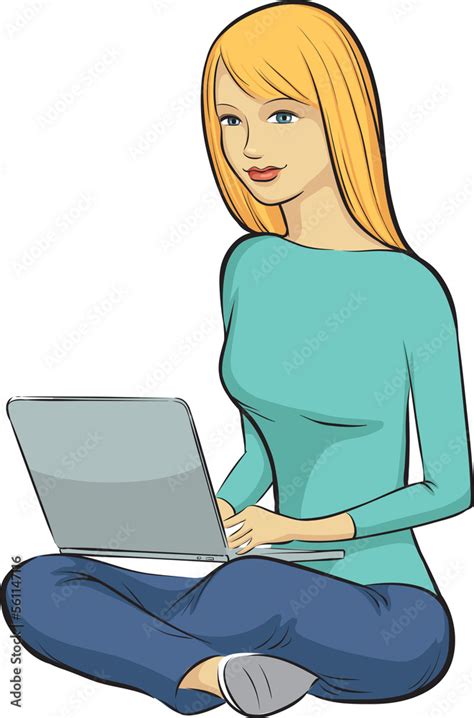 Blond Girl Sitting With Laptop Computer Png Image With Transparent