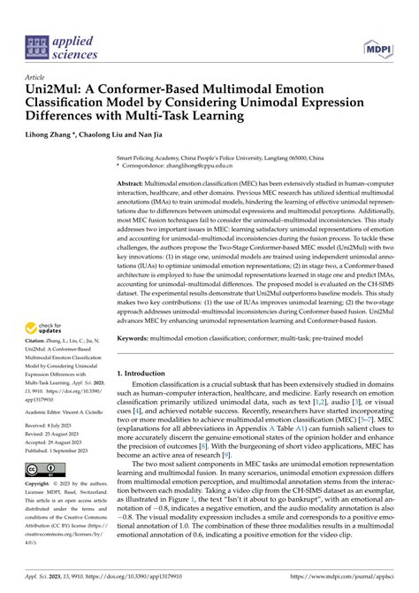 Pdf Uni2mul A Conformer Based Multimodal Emotion Classification Model By Considering Unimodal