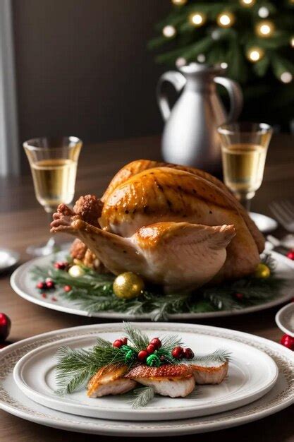 Premium Photo Roasted Whole Chicken With Christmas Decoration