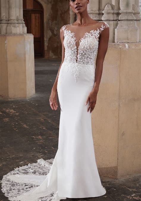 Illusion Neckline Crepe Sheath Wedding Dress Reagan
