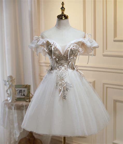 Champagne Tulle Lace Knee Length Prom Dress Champagne Off Shoulder