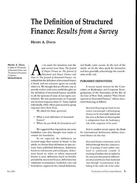 The Definition Of Structured Finance Results From A Survey Pdf