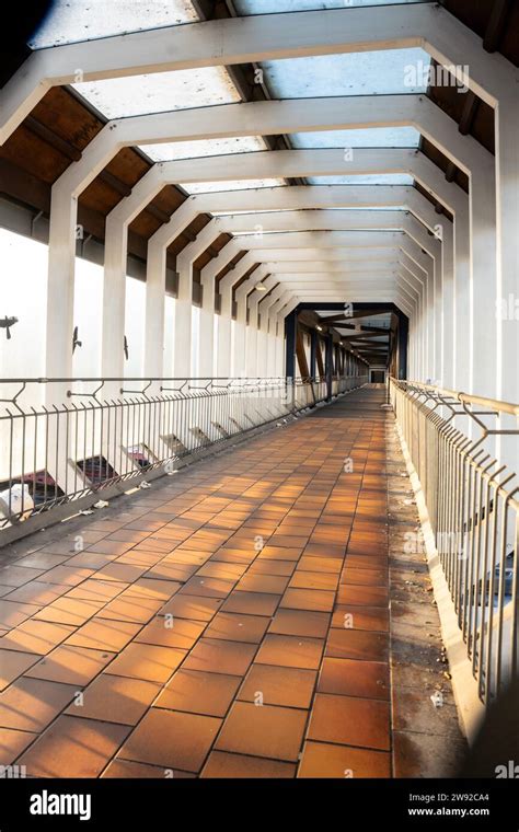 Long Straight Corridor With Concrete Structure And Railings In Symmetrical View Sindelfingen