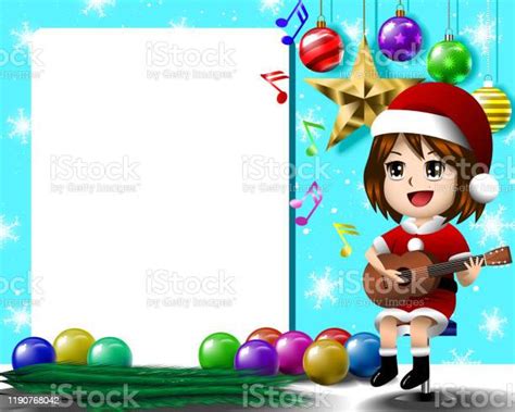 산타 클로스 의상을 입고 여자의 크리스마스 카드입니다 푸른 배경과 눈과 흰색 눈송이와 황금 별 공과 잎으로 장식되어 있습니다 12월에 대한 스톡 벡터 아트 및 기타 이미지